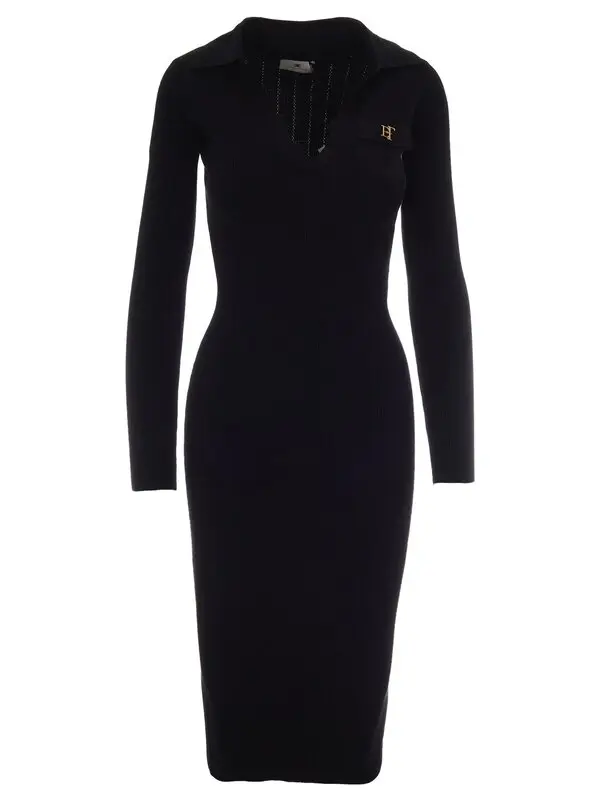 Elisabetta Franchi Ribbed Knit Long Sleeve Polo Midi Dress - Nero
