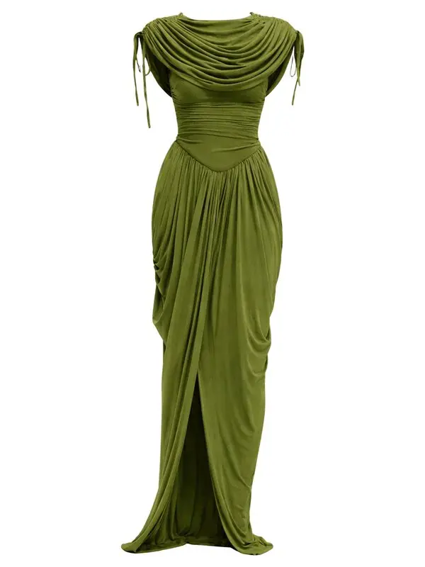 ANDREA IYAMAH Katu Gathered Mesh Drop-waist Cape Maxi Dress - Green