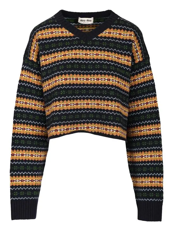 Miu Miu Wool Jacquard Knit V-neck Cropped Sweater - Blue