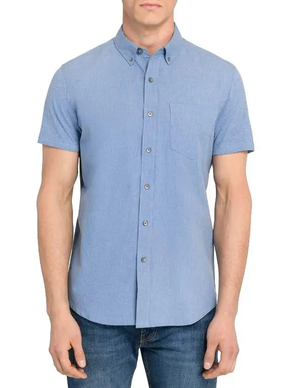 W.R.K Reworked Slim Fit Solid Short Sleeve Cotton Button-down Shirt - Blue