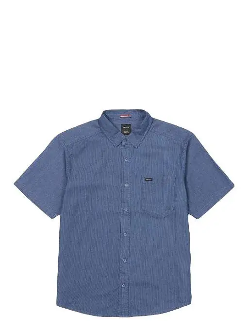 Rvca Denim Days Stripe Short Sleeve Button-up Shirt - Indigo