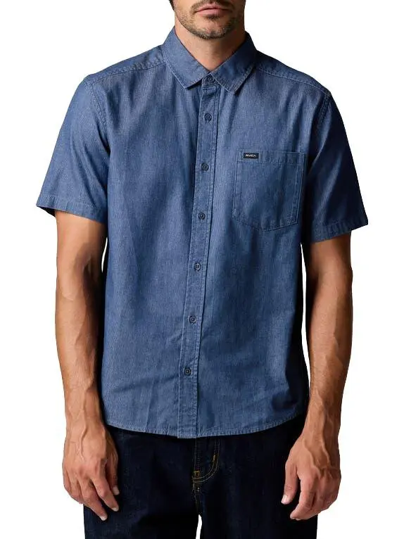 Rvca Denim Days Stripe Short Sleeve Button-up Shirt - Indigo