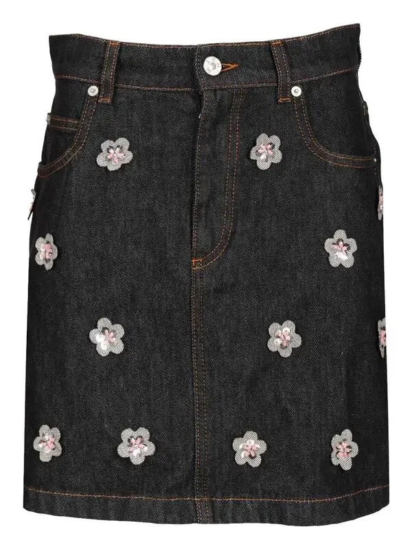 Marni Denim Skirt With Daisy Appliques And Gemstone Embellishments - Blue