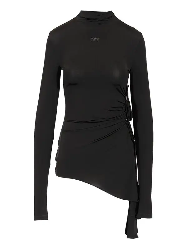 Off-White Long Sleeve Draped Asymmetric Top - Black