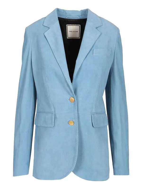 Tagliatore Sophie" Single-breasted Suede Blazer With Golden Closure - Blue