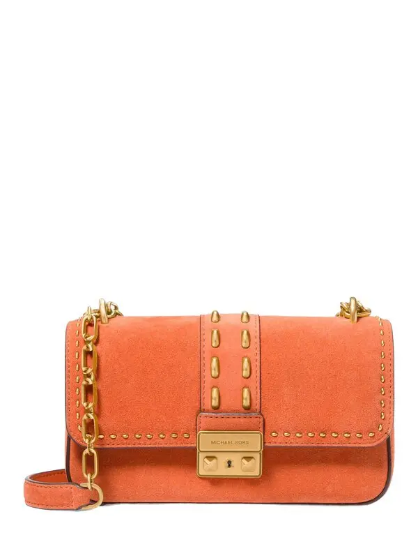 Michael Kors Tribeca Small Studded Suede Shoulder Bag In By - Orange