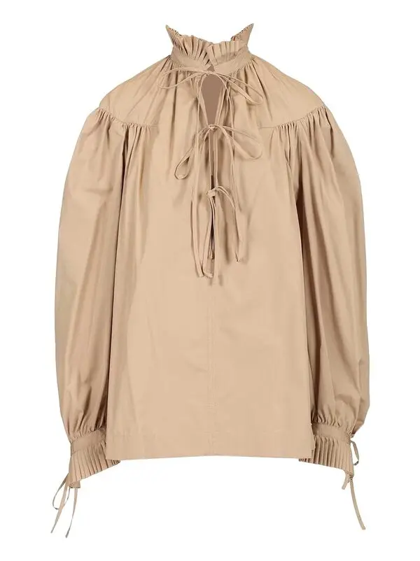 Dries Van Noten Cotton Poplin Blouse With Ruffles And Drawstring Detail - Cream