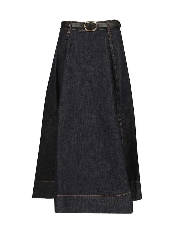SELF-PORTRAIT Flared Denim Midi Skirt With Removable Belt - Blue