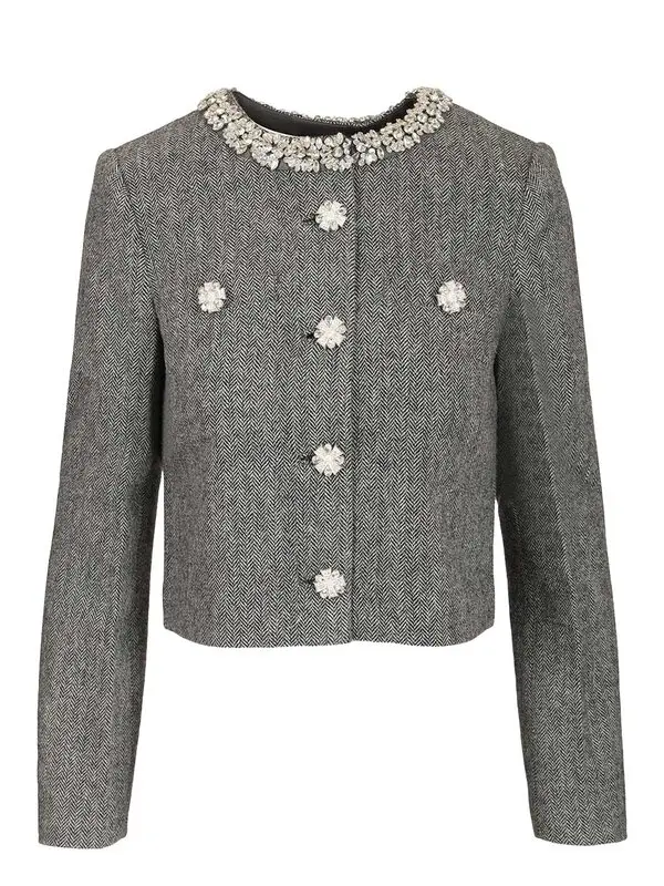 SELF-PORTRAIT Herringbone Jacket With Crystal Trim - Gray