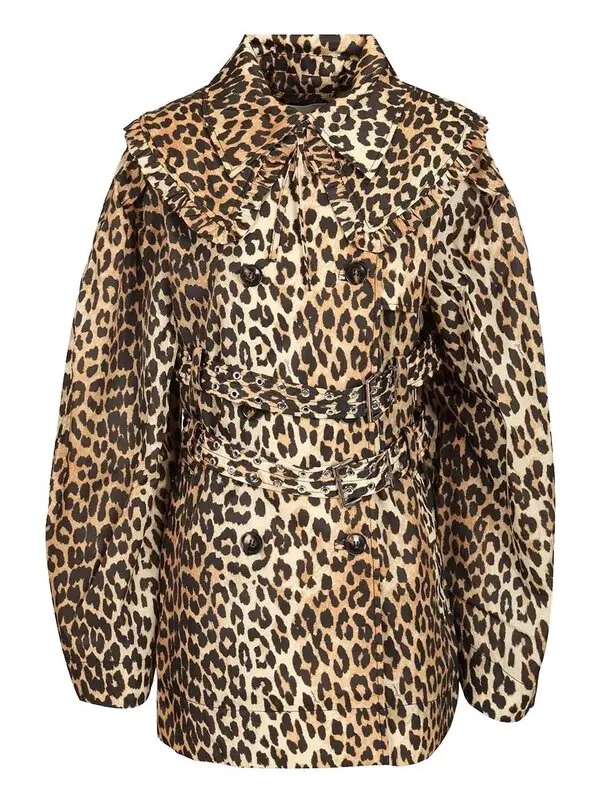 GANNI Short Duchesse Trench Coat With Animal Print - Multicolor