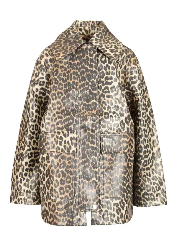 GANNI Leopard Laminated Cotton Jacket With Wide Collar And Pleated Back - Multicolor