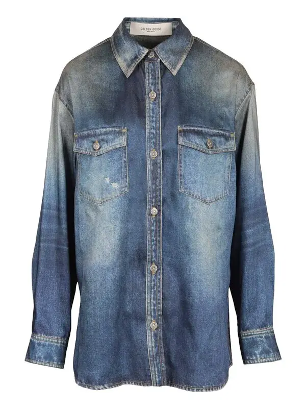 GOLDEN GOOSE Technical Fabric Shirt With Trompe L'oeil Denim Print - Blue