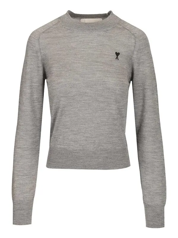AMI Paris Crewneck Sweater With Contrasted De Coeur Embroidery - Gray