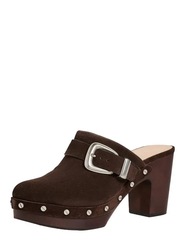 Veronica Beard Larken Suede Clogs With Silver-tone Studs And Buckle Detail - Espresso