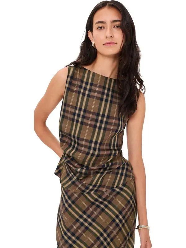 Joe's Jeans Plaid Boat Neck Sleeveless Top - Camel Plaid