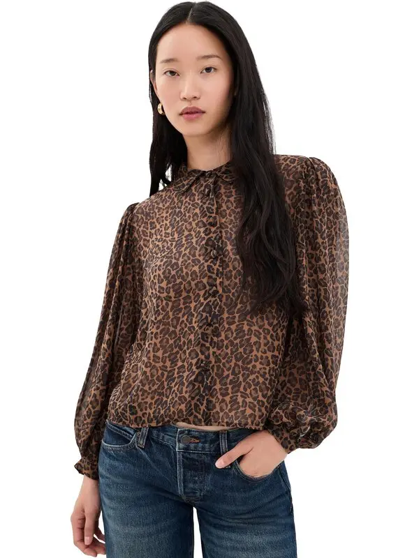 FRAME Silk Prairie Shirt With Leopard Print And Puff Sleeves - Light Leopard Multi