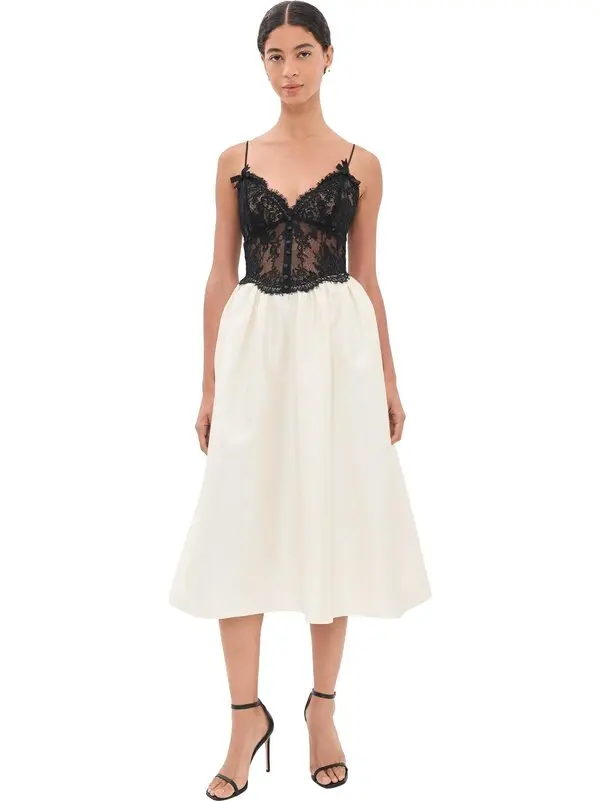 SELF-PORTRAIT Taffeta Contrast Lace Midi Dress - Cream