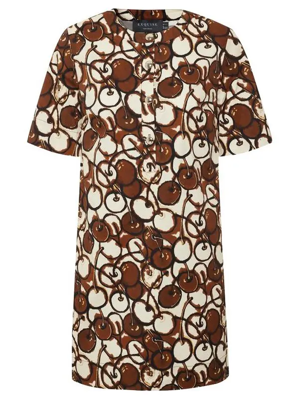 EXQUISE Printed Mini Dress With Crewneck And Short Sleeves - Black/brown