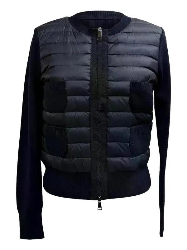 Moncler Navy Wool Quilted Panel Zip-up Cardigan - Blue