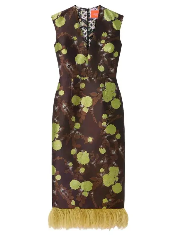 La DoubleJ Sleek Feather-trimmed Floral Jacquard Dress - Brown