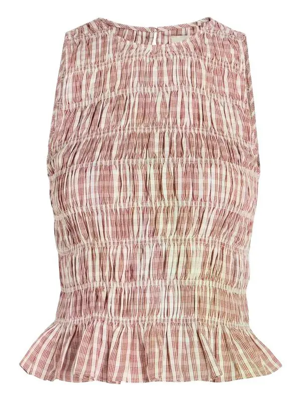 Faithfull The Brand Shirred Checked Peplum Top - Brown