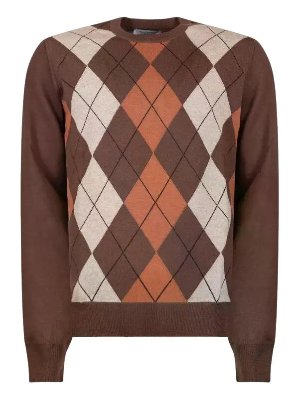 GRAN SASSO Argyle Knit Crew Neck Sweater - Brown