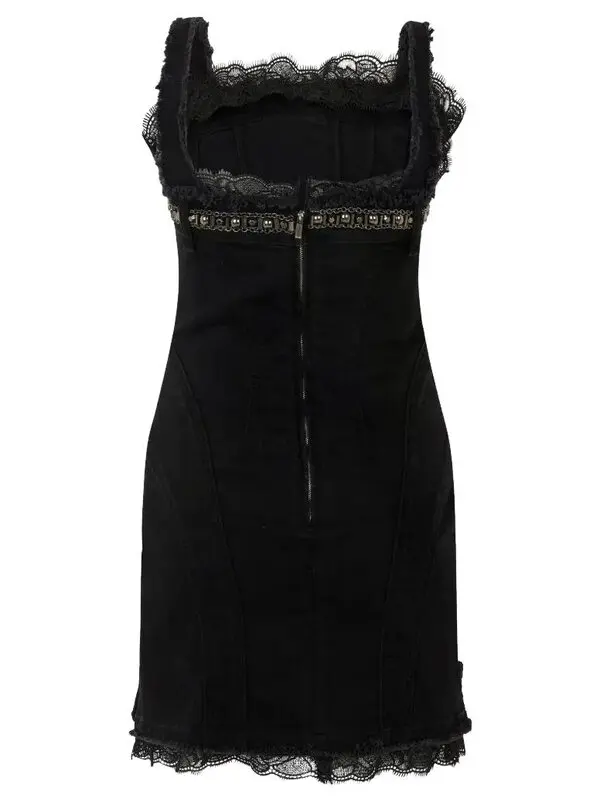Alberta Ferretti Lace-trimmed Chain-embellished Denim Mini Dress - Black