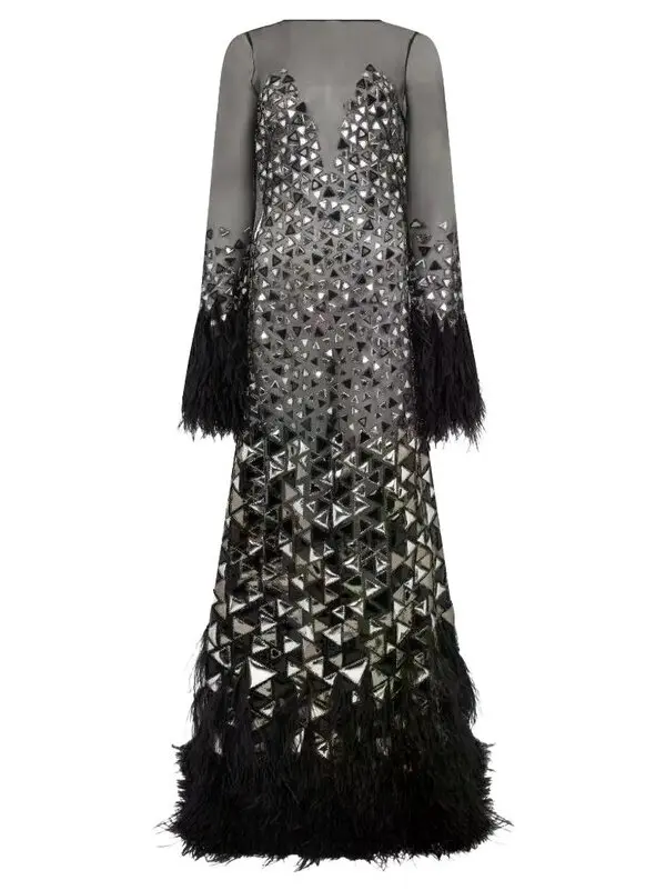Alberta Ferretti Feather-trimmed A-line Maxi Dress - Black