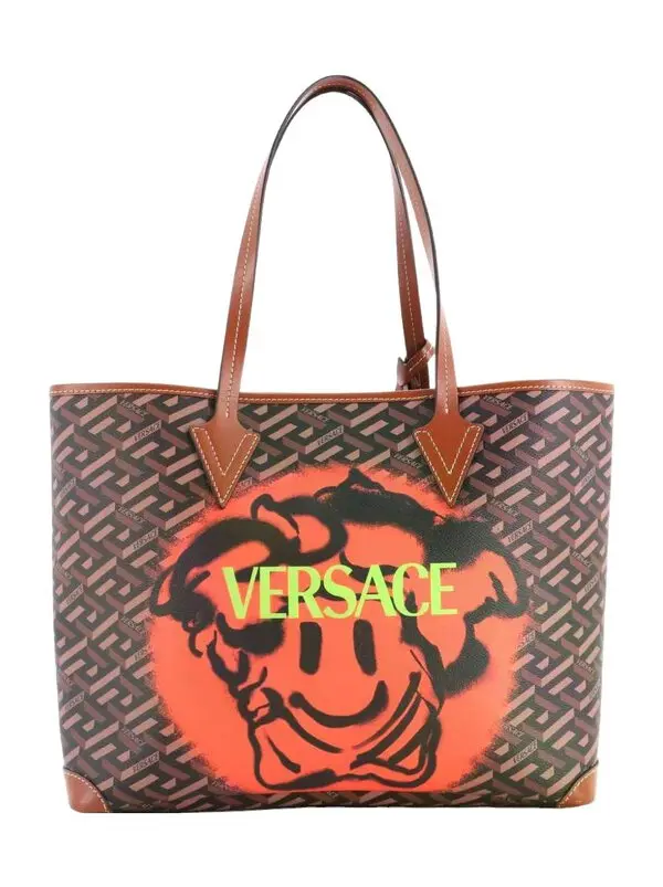 Versace La Greca Signature Coated Canvas Medium Tote Bag - Brown