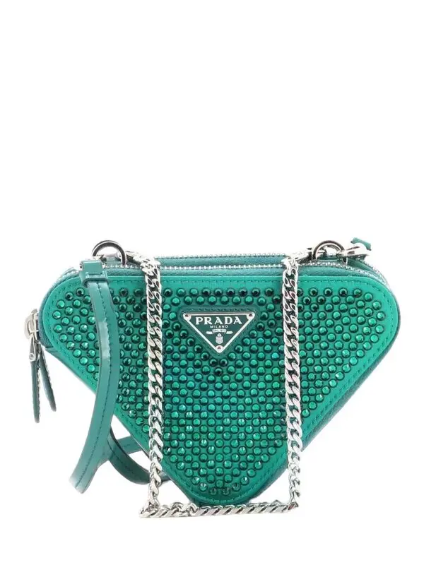 Prada Triangle Double Pouch Crystal Embellished Satin Mini Crossbody Bag - Green