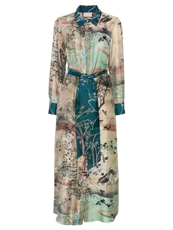 PIERRE-LOUIS MASCIA Graphic Print Belted Midi Dress - Neutrals
