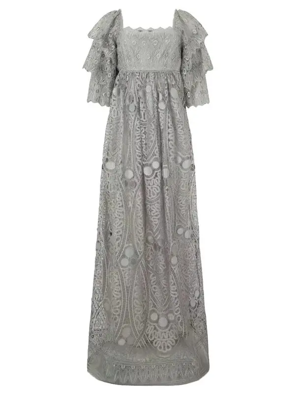 Alberta Ferretti Lace Maxi Dress With Puff Sleeves - Grey