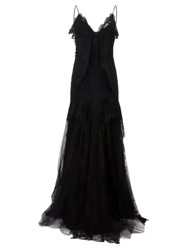 Alberta Ferretti Lace-trimmed Layered V-neck Maxi Dress - Black