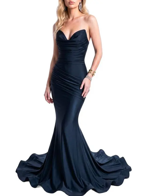 JESSICA ANGEL Ruched Cowl Neck Mermaid Gown With Train - Black
