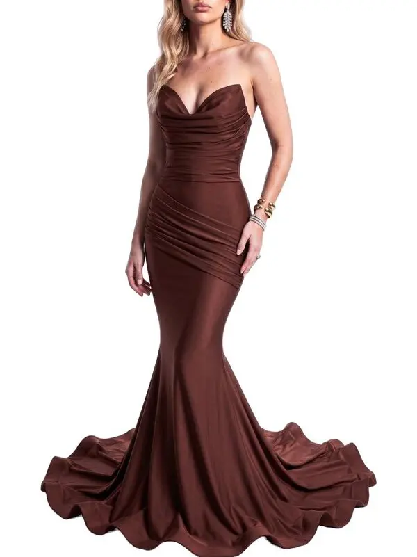 JESSICA ANGEL Ruched Cowl Neck Mermaid Gown With Train - Brown