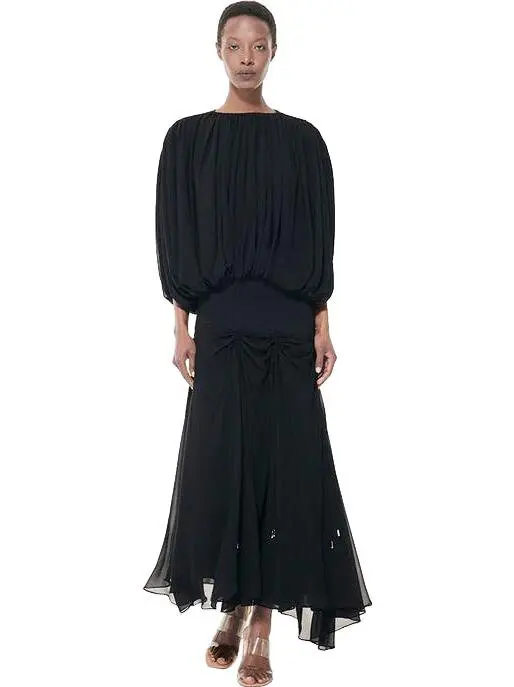 LEEM Smocked Waist Skirt With Asymmetric Hem And Metallic Bead Details - Black