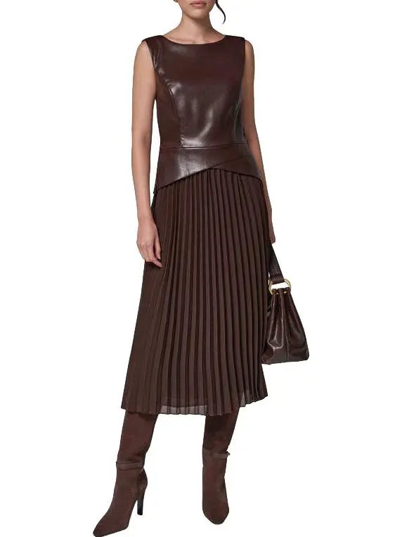 Donna Karan New York Faux Leather & Pleated Dress - Espresso