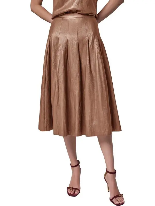 Donna Karan New York Pleated Faux Leather Midi Skirt - Camel