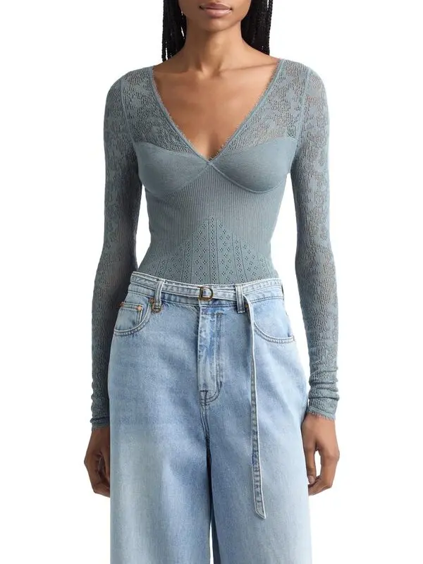 Zimmermann Wool Blend Pointelle Lace V-neck Sweater - Airforce