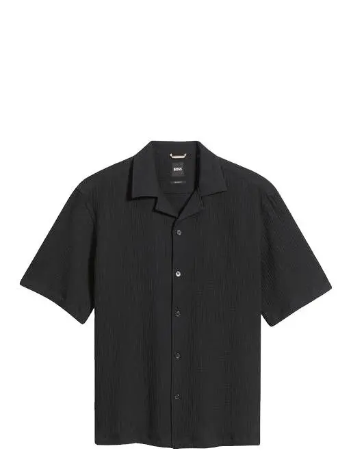 BOSS Lars Relaxed Fit Seersucker Camp Shirt - Black