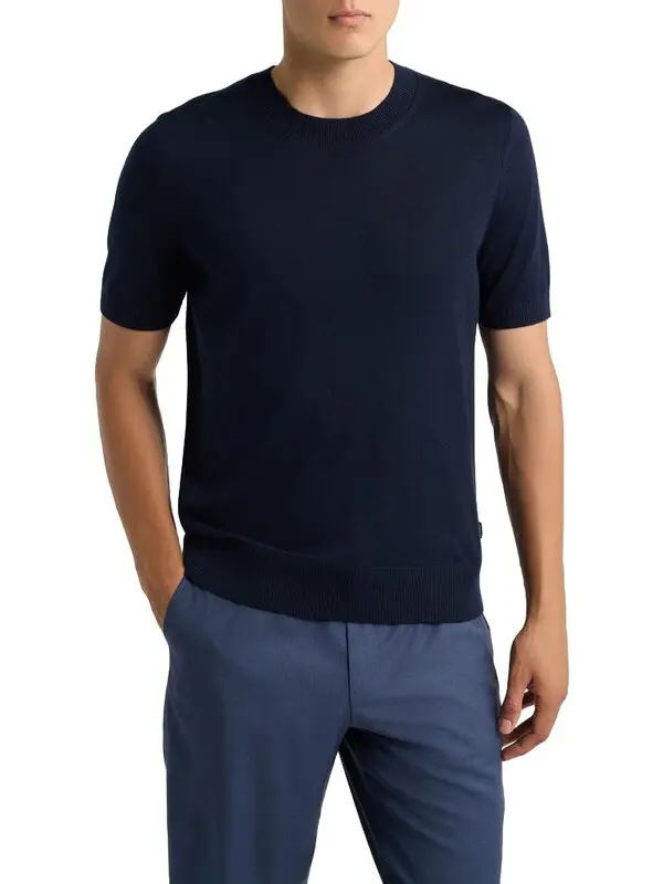 BOSS Virgin Wool Fine Knit Short Sleeve Sweater - Dark Blue
