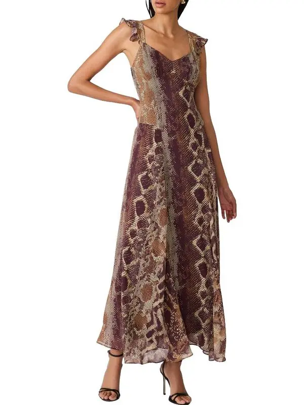 Steve Madden Estela Maxi Dress With Snakeskin Print And Ruffled Cap Sleeves - Bronze