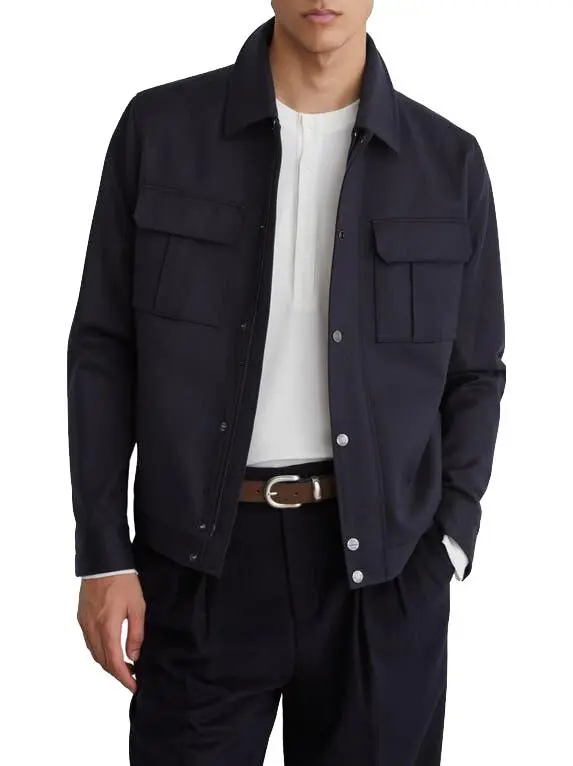 REISS Cotton & Lyocell Spread Collar Shirt Jacket - Navy