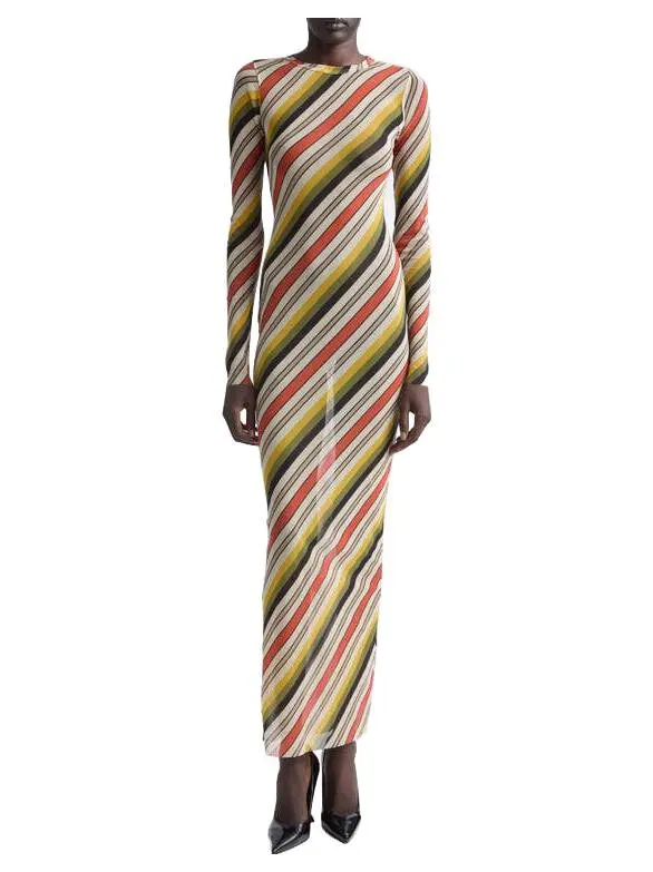 JEAN PAUL GAULTIER Retro Stripe Mesh Long Sleeve Maxi Dress - Beige Multicolor