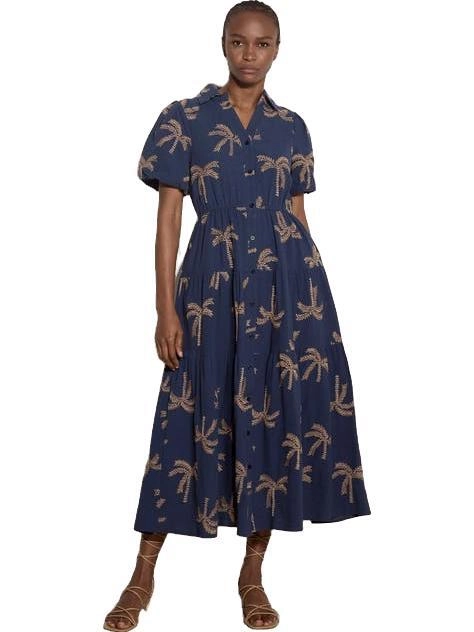 APRICOT Embroidered Tropical Print Midi Dress - Blue