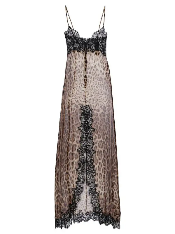 Dolce & Gabbana Leopard Print Lace-trimmed Silk-blend Chiffon Maxi Slip Dress - Brown