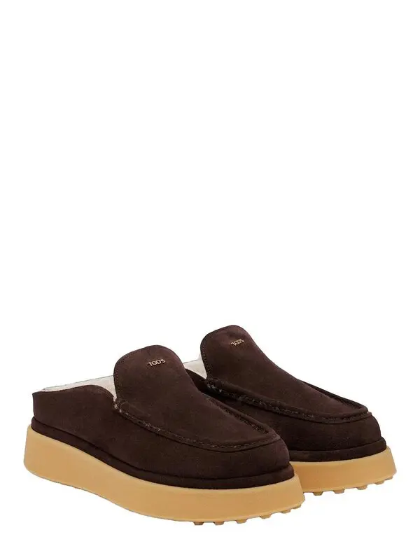 TOD'S Shearling-lined Suede Platform Mules - Brown