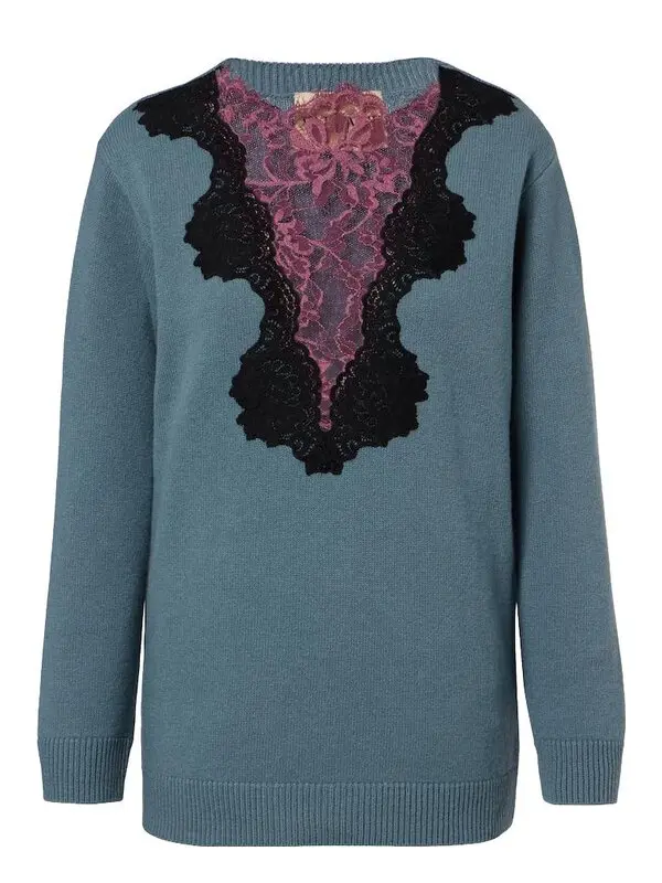 Valentino Garavani Lace-trimmed Virgin Wool Sweater - Blue