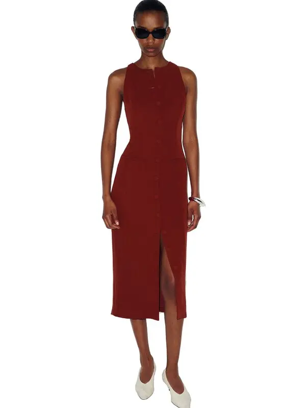 REFORMATION Agathe Sleeveless High Neck Midi Dress With Button Front And Split Hem - Red