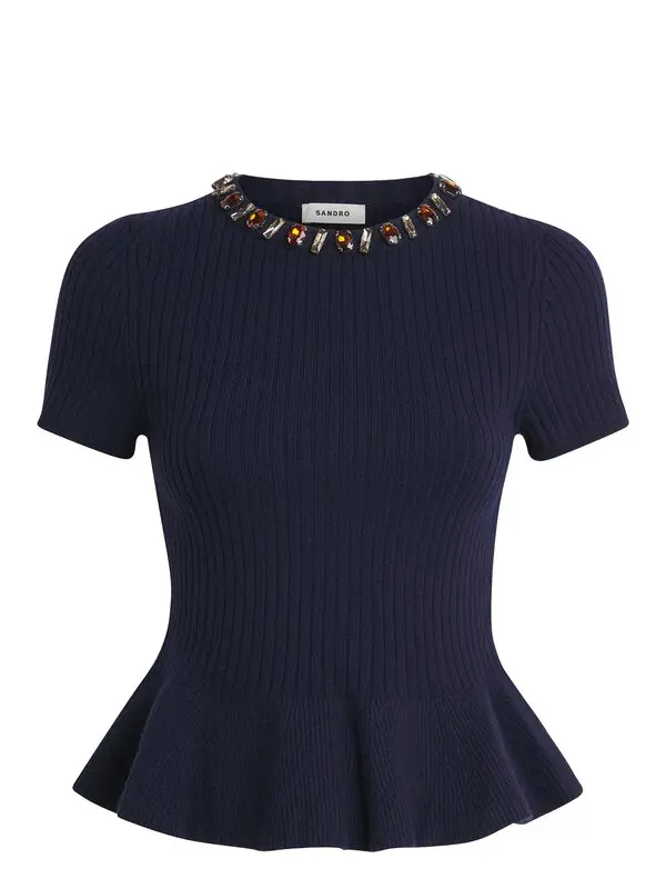Sandro Wool-blend Embellished Short-sleeve Sweater - Blue